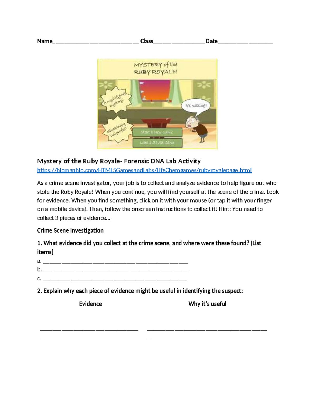 Forensic DNA Lab Activity (BIOM 101): Mystery of the Ru Royale - Studocu