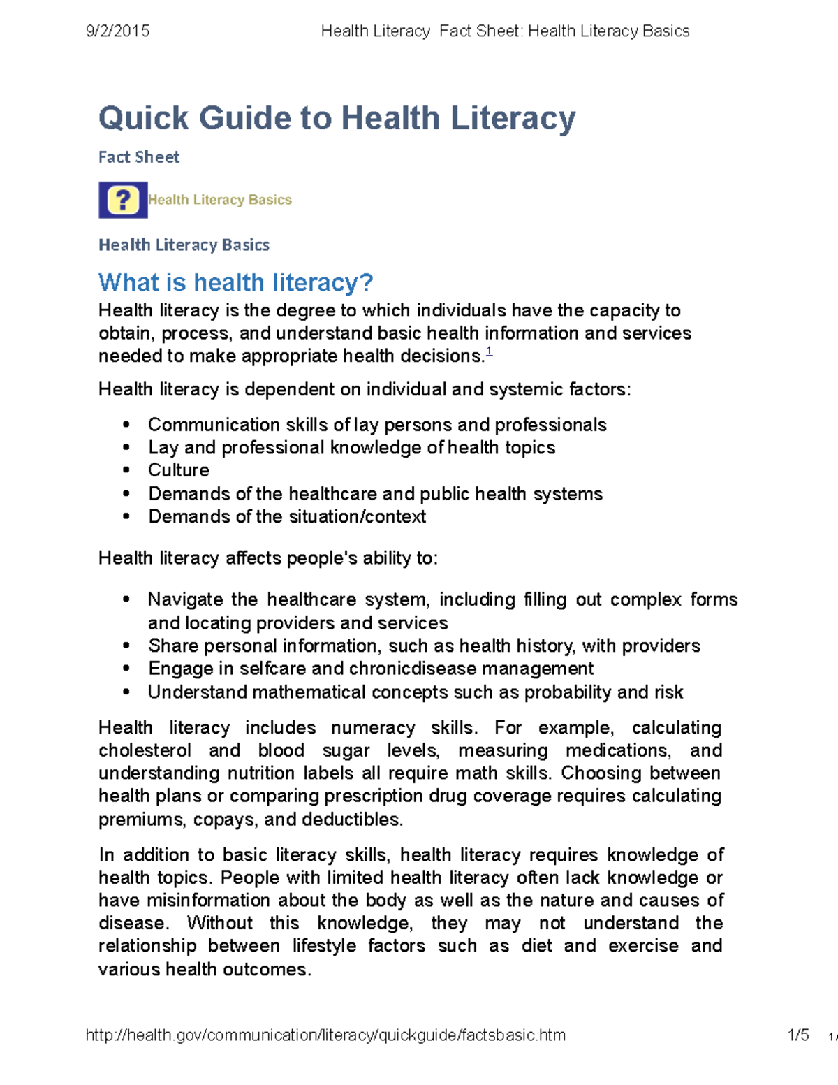 Needs Health Literacy - Fact Sheet Health Literacy Basics - Quick Guide ...