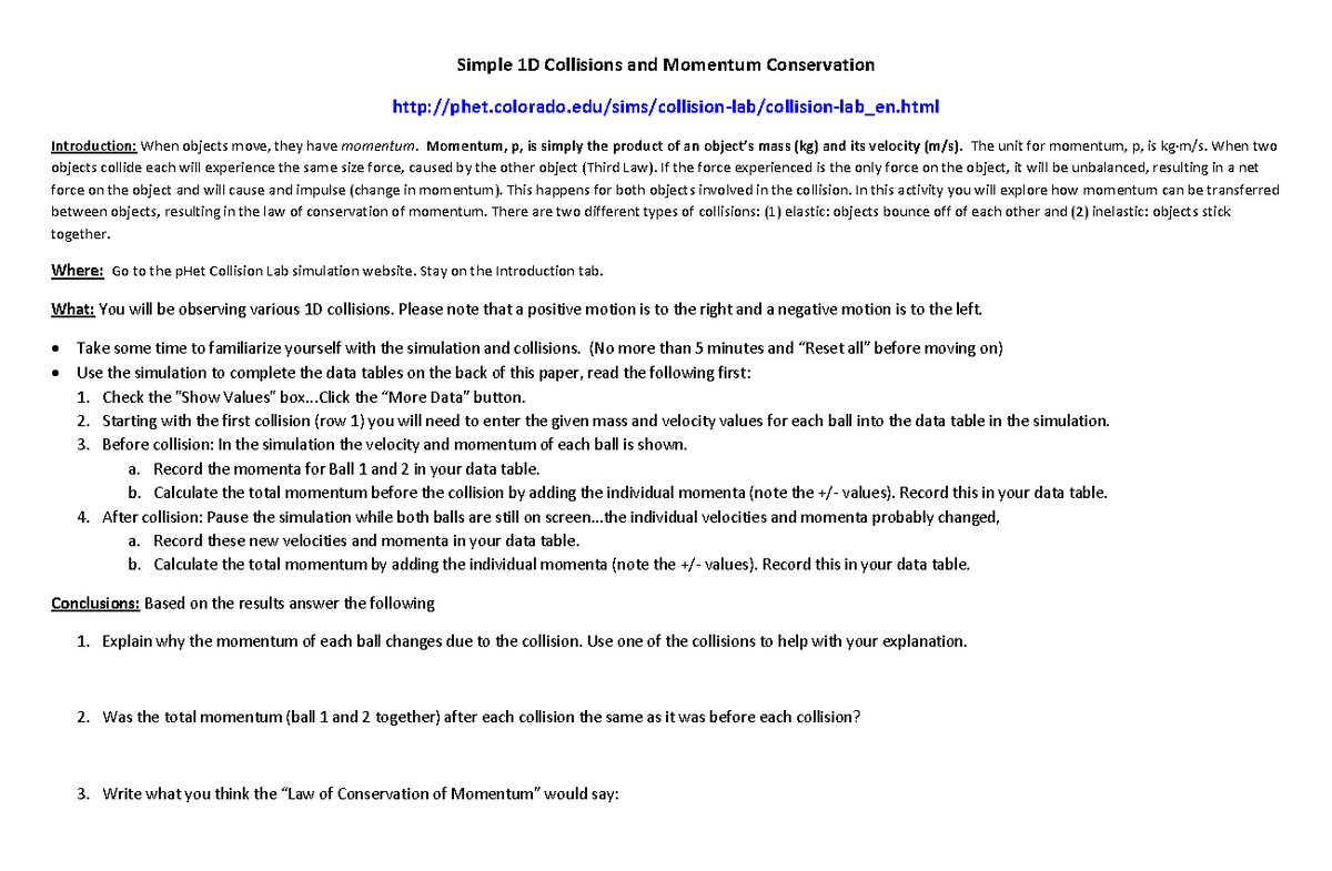 Collision Lab: Exploring 1D Momentum Conservation in PHET - Studocu