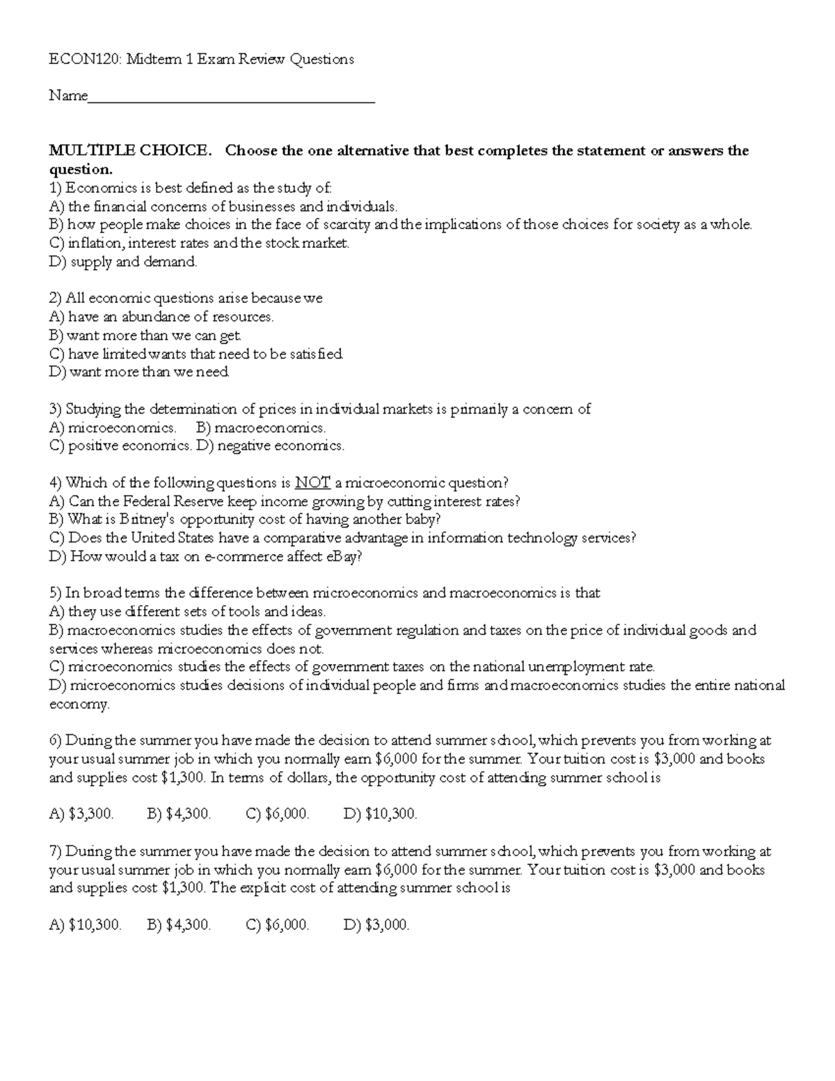 Midterm 1 Review Questions( - ECON120: Midterm 1 Exam Review Questions ...