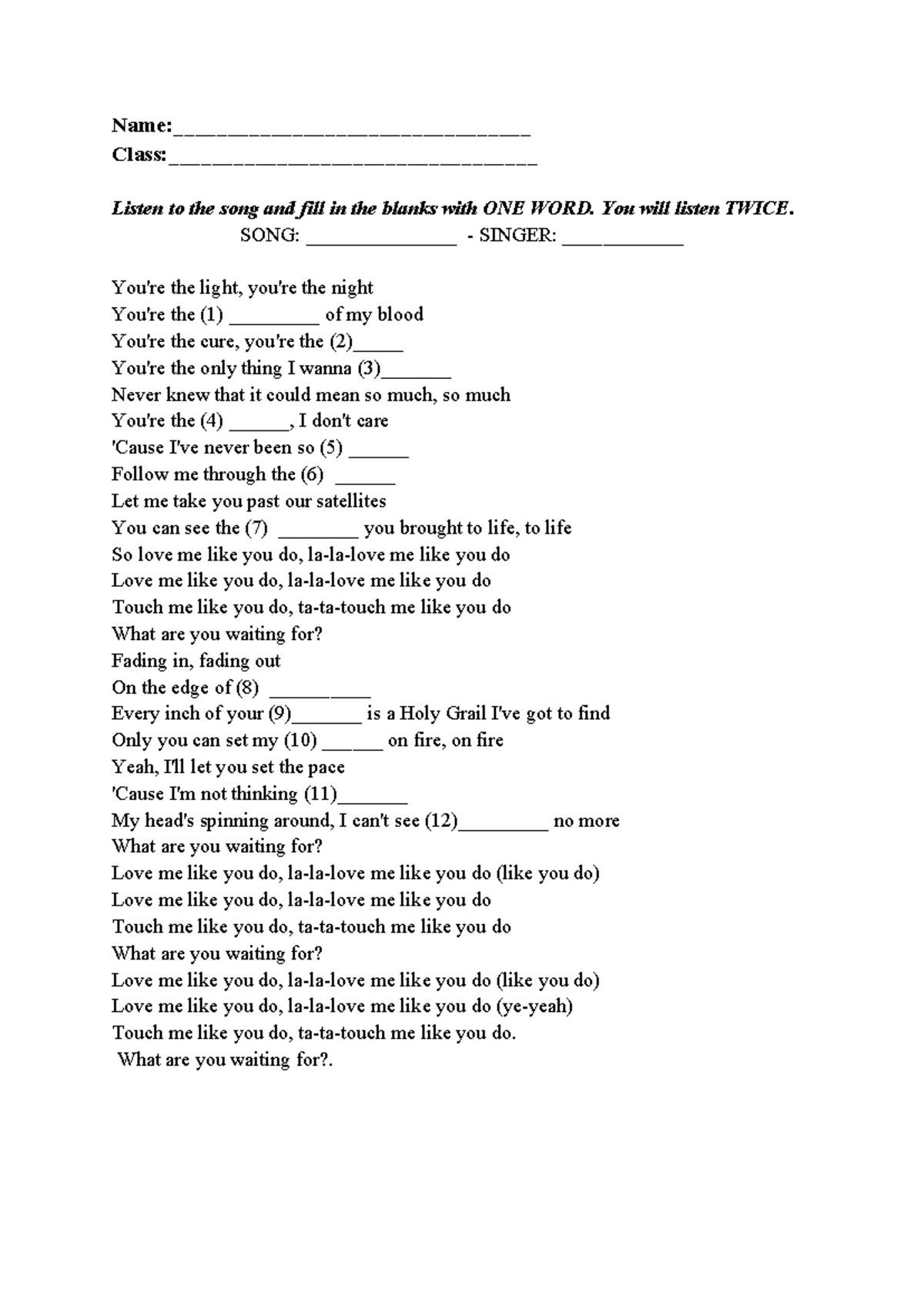 Song 02 - Fill in the Blanks Activity with ONE WORD - Studocu