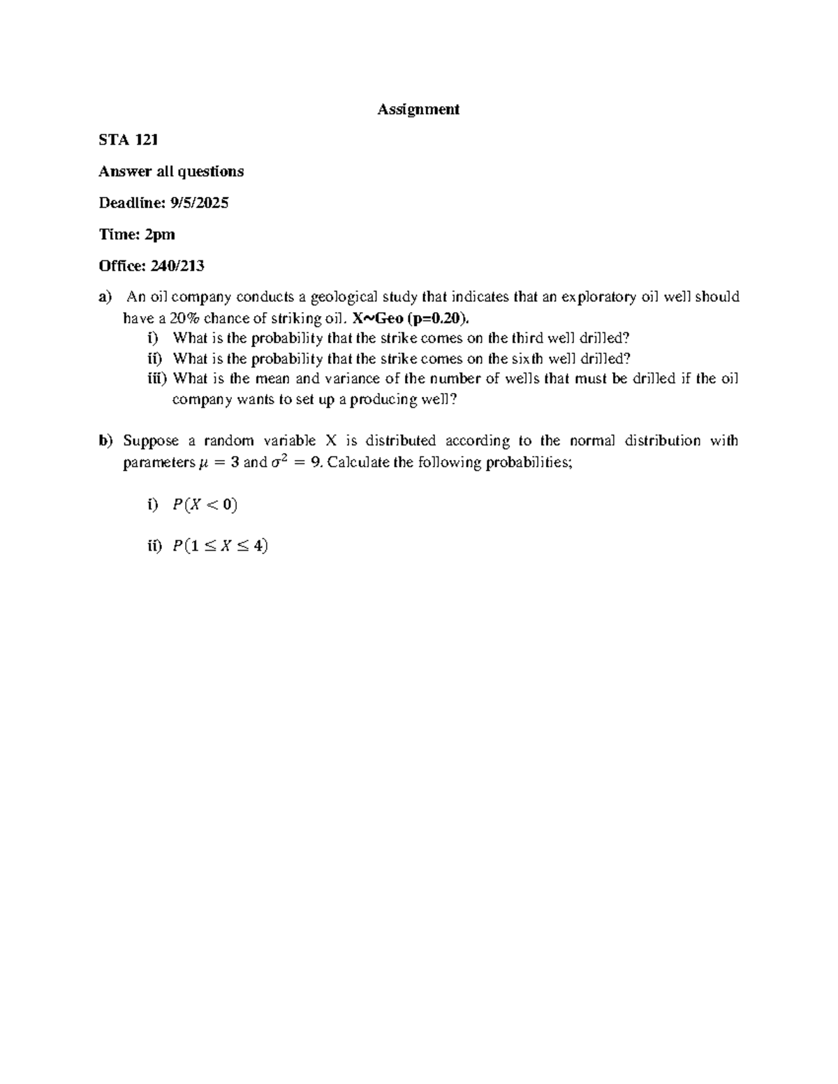 Assignment STA 121: Probability Analysis and Normal Distribution ...