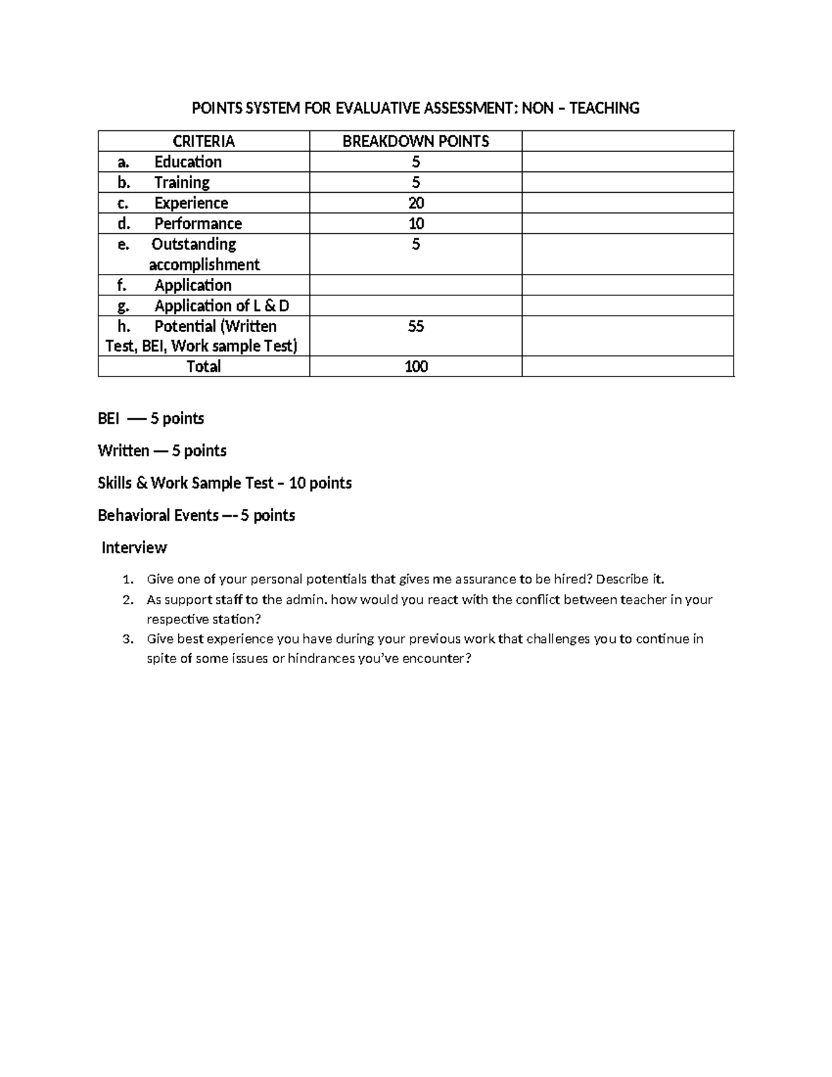 Points System for Evaluative Assessment: Non-Teaching Staff - Studocu