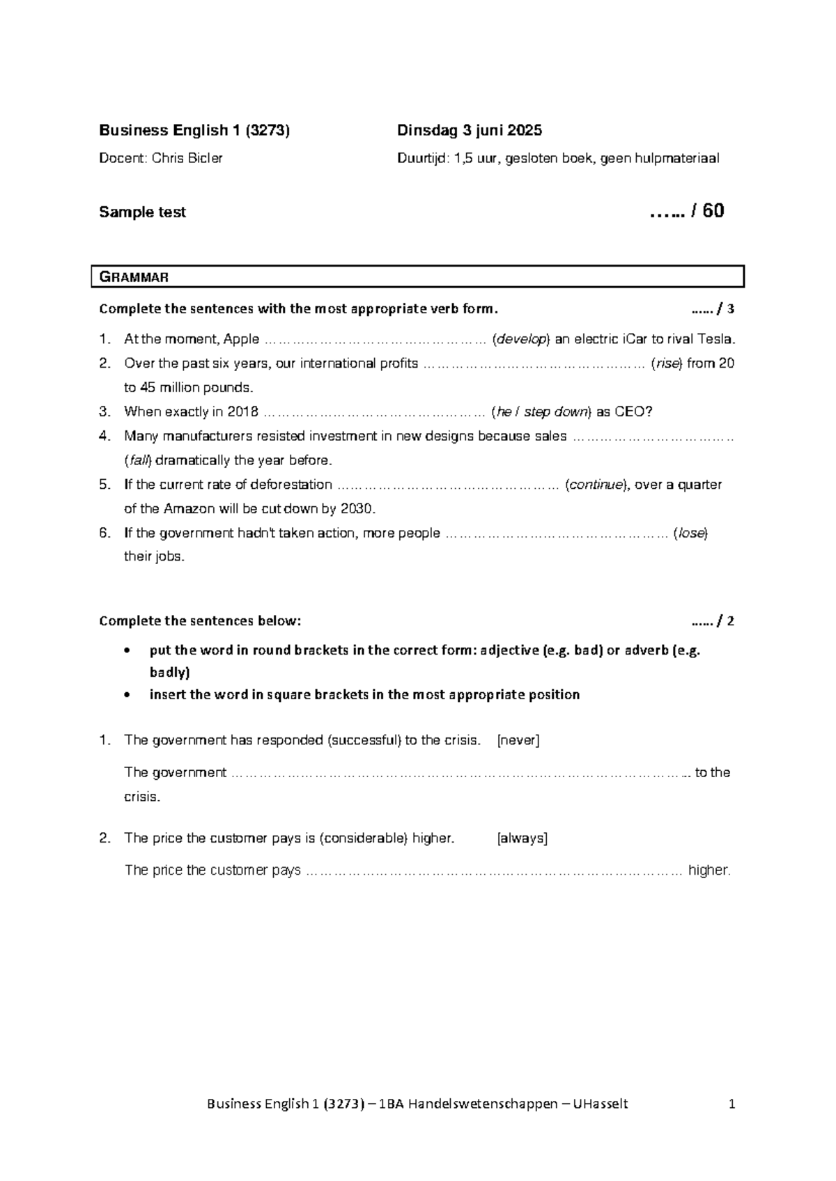 Business English 1 (3273) Sample Written Test & Grammar Practice - Studocu