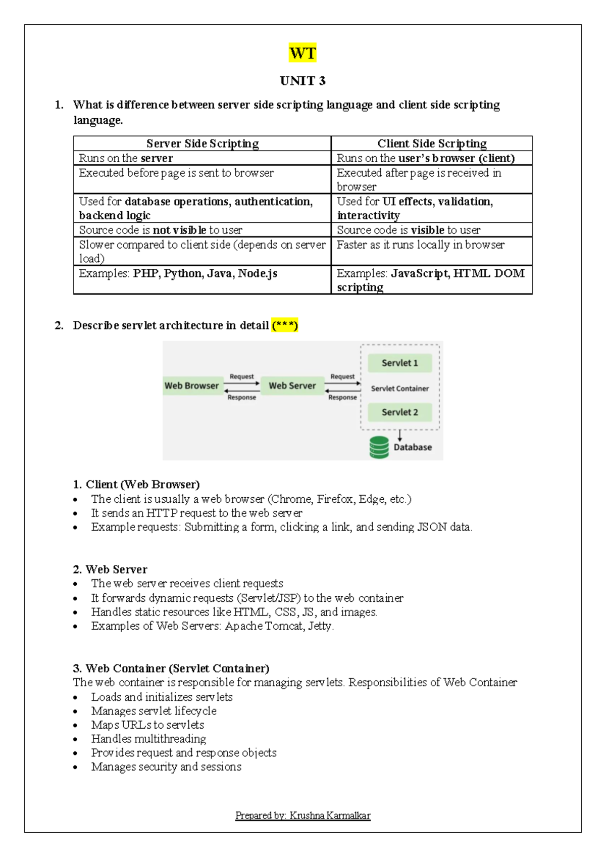 WT Solved PYQ TE: Server-Side vs Client-Side Scripting & Servlet ...