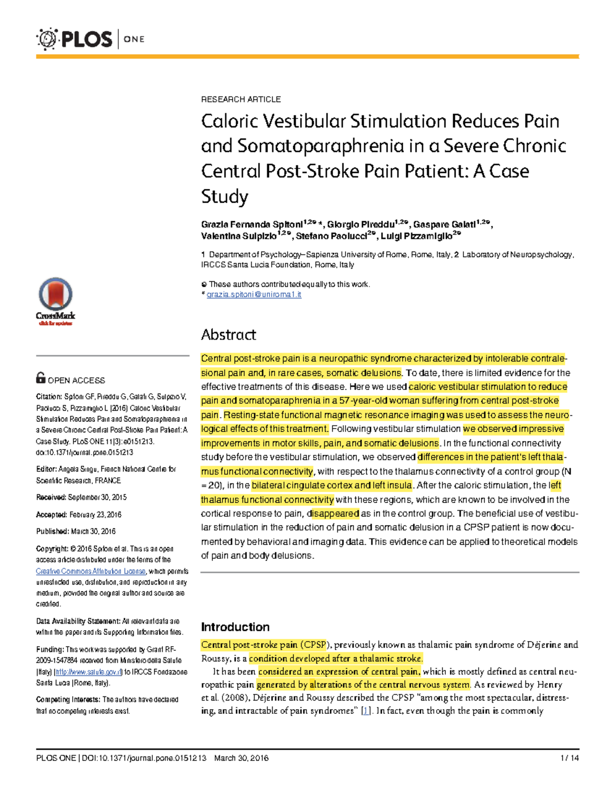 Caloric Vestibular Stimulation in Chronic Central Pain: A Case Study ...