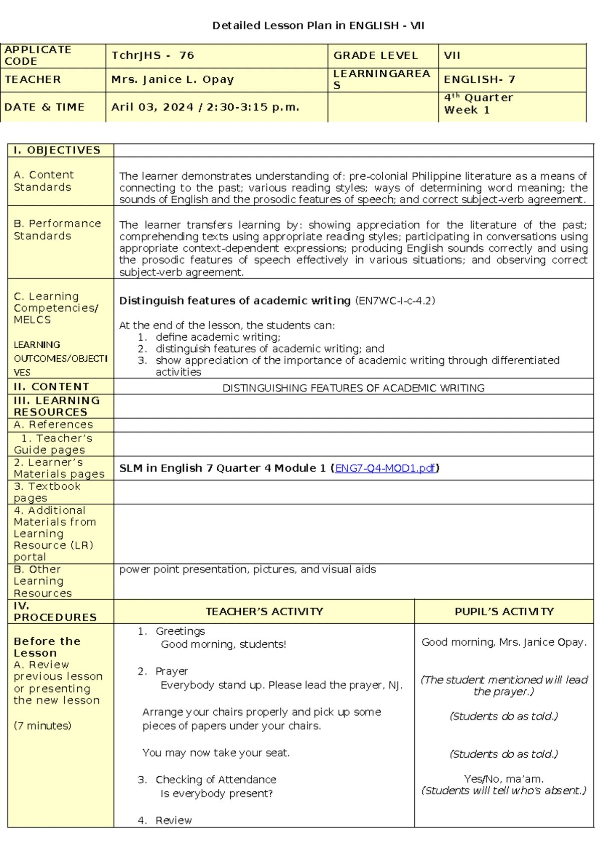 Detailed Lesson Plan for English 8 - Studocu