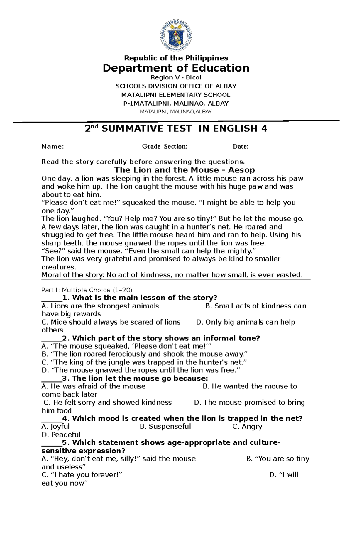 English 4 2nd Summative Test: The Lion and the Mouse Story Analysis ...