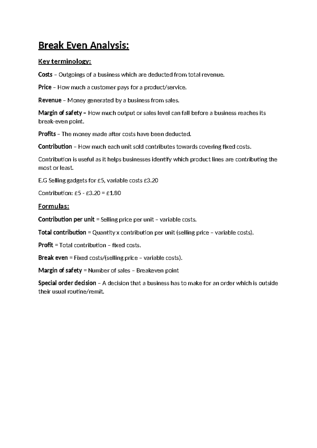 Break Even Analysis: Key Terms and Formulas Explained - Studocu