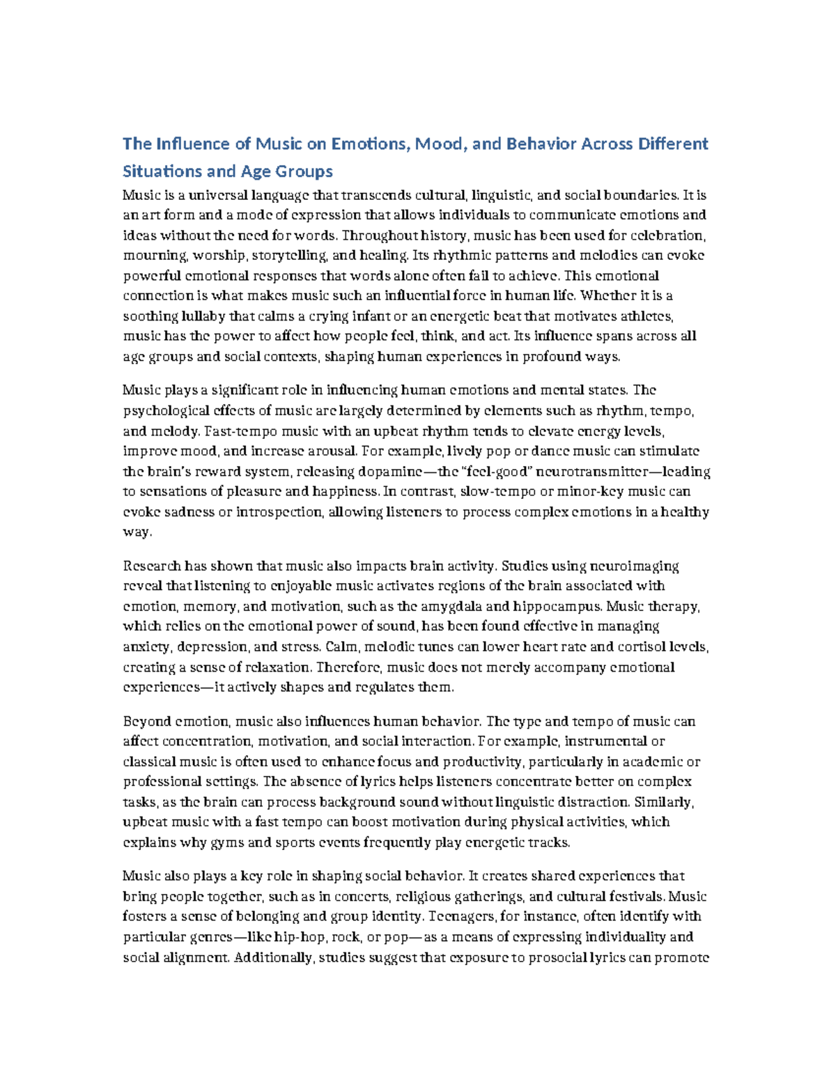 The Influence of Music on Emotions & Behavior Across Age Groups - Studocu