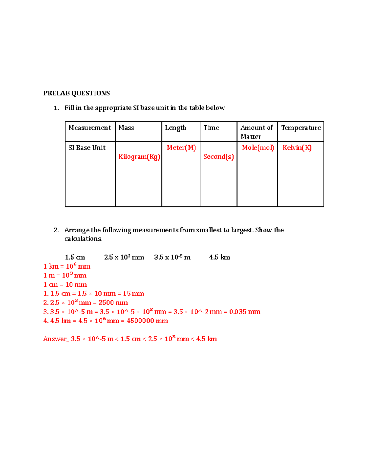 Pre-Laboratory Questions for Science Course: Measurement & Units - Studocu