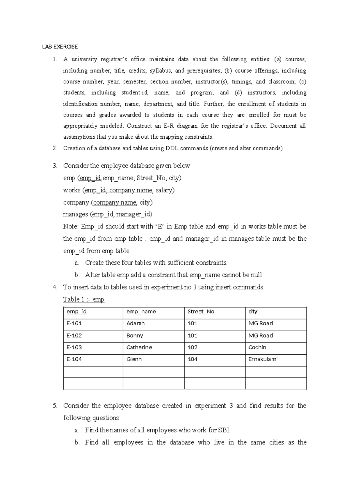 LAB EXERCISE 1: Database Design and SQL Queries - Studocu