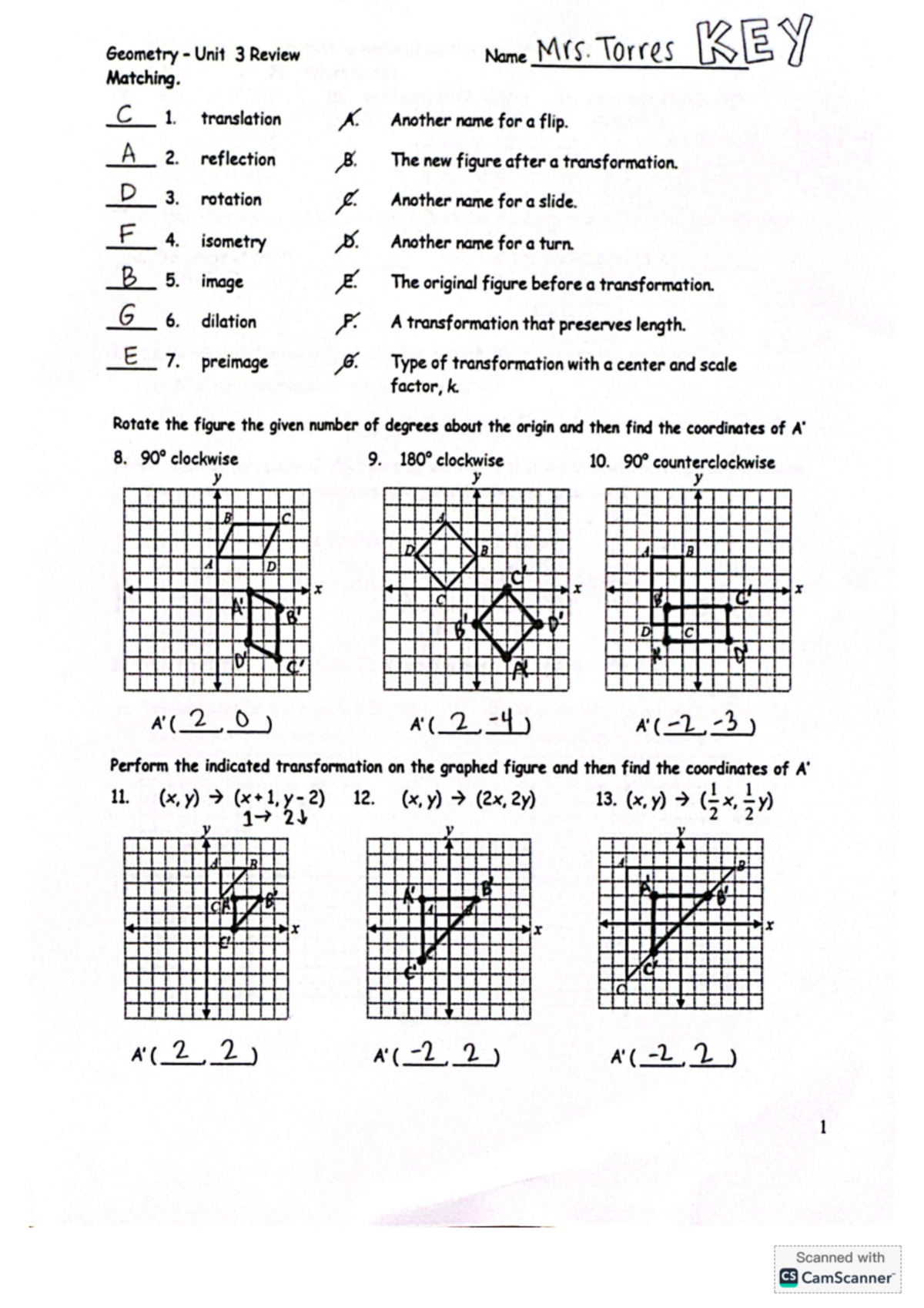 Geo+U3+Test+Review+KEY - Unit 3 Review Name Mrs. Torres KEY Matching. C ...
