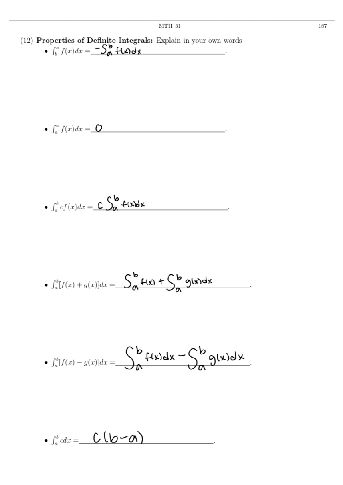 IMG 0515 - Properties of definite integrals - MATH 150 - MTH 31 187 (12) Properties of Definite ...