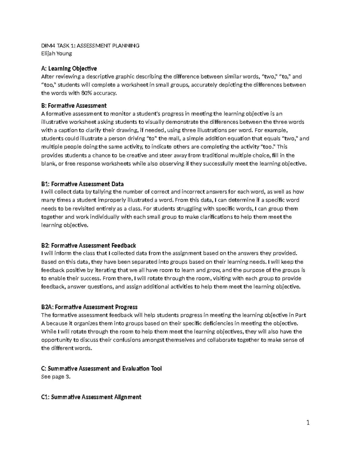DIM4 TASK 1: Assessment Planning and Evaluation Strategies - Studocu