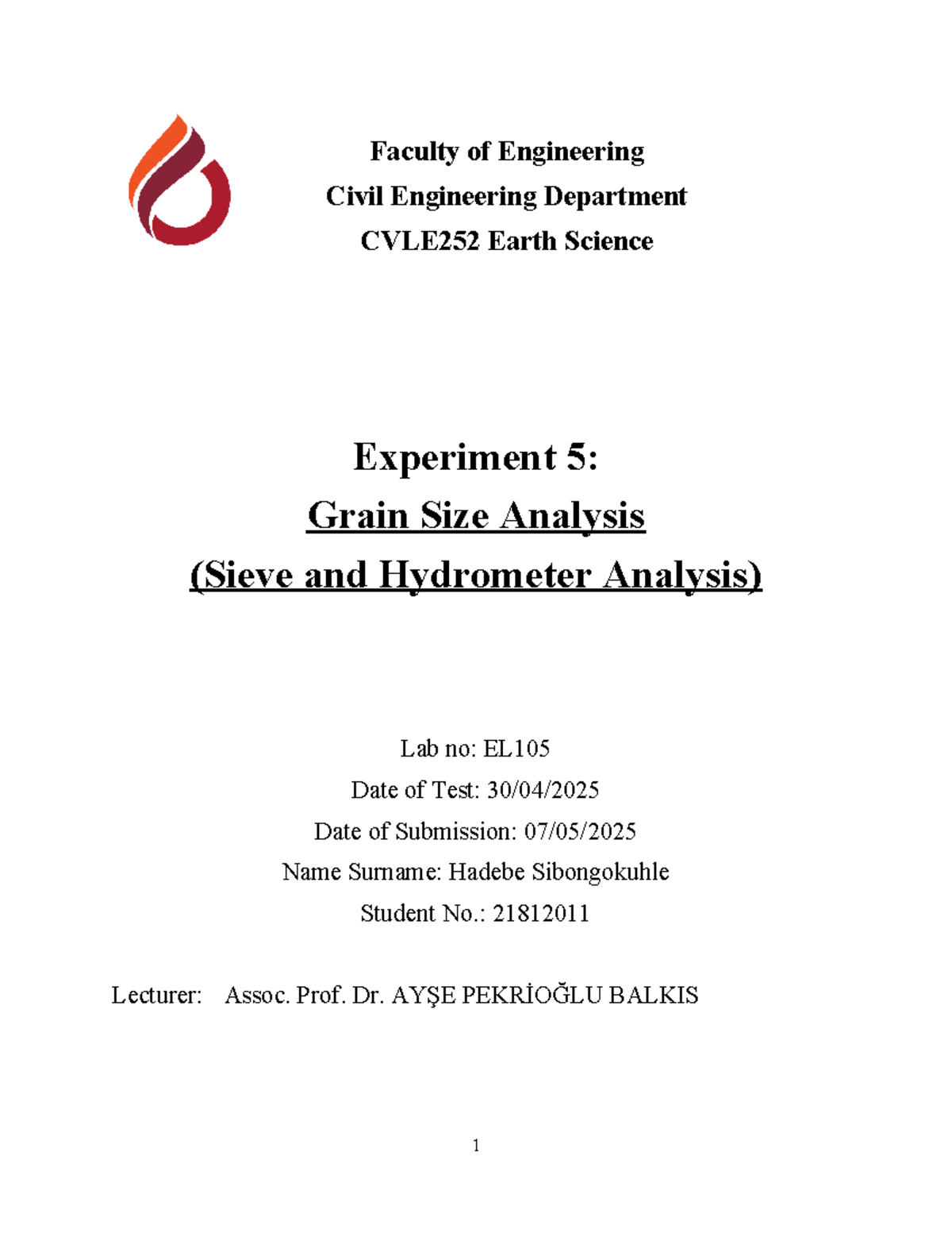 CVLE252 Earth Science Lab Report: Grain Size Analysis - Studocu