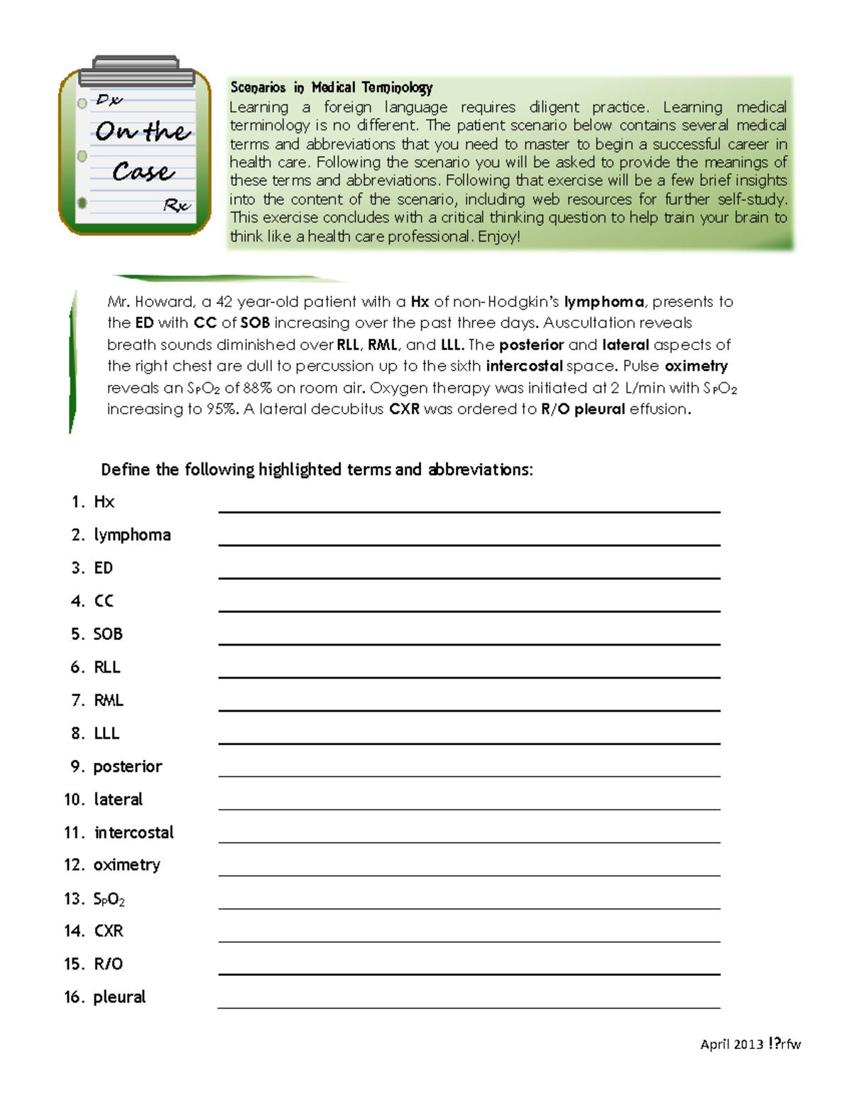 Medical Terminology Case Scenarios: Understanding Mr. Howard's ...