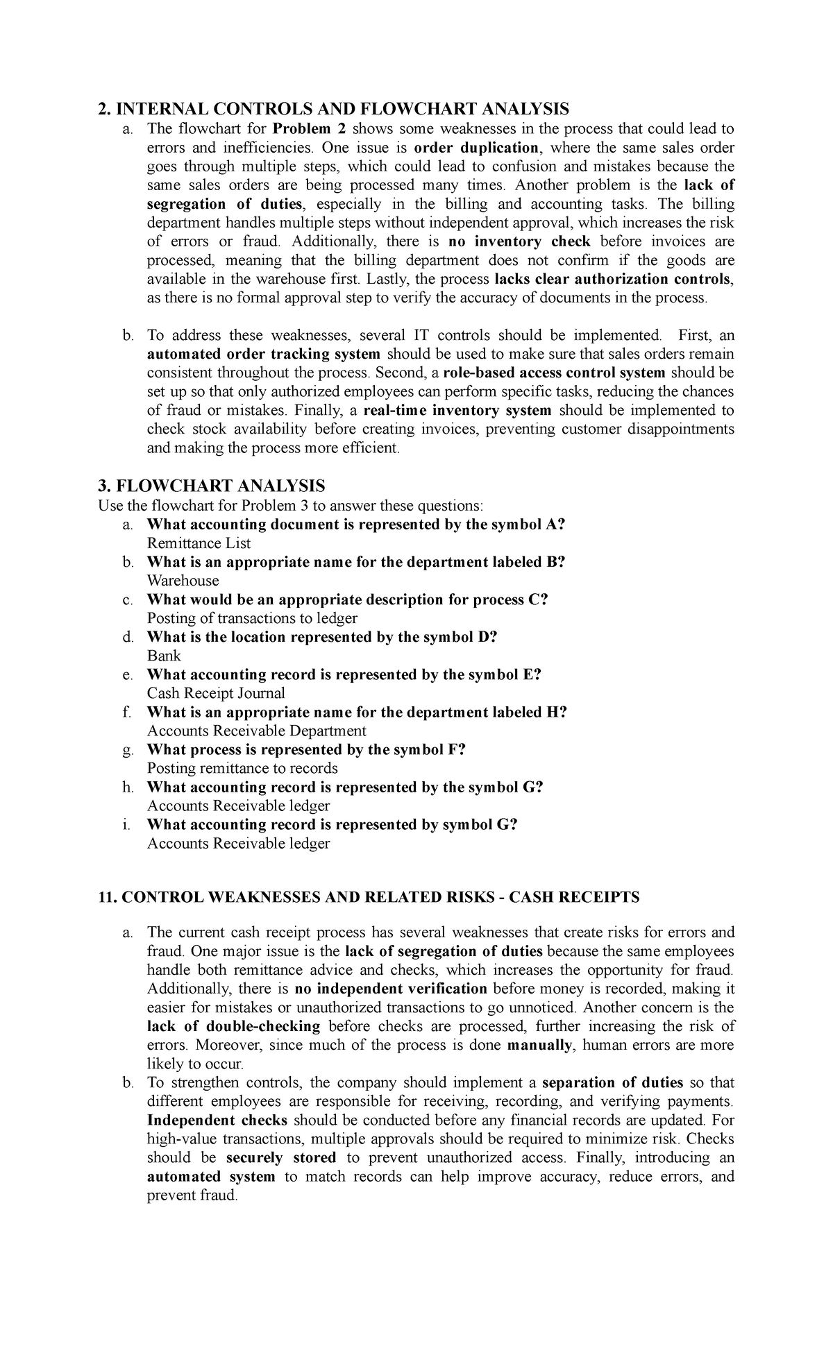 Flowchart - 2. INTERNAL CONTROLS AND FLOWCHART ANALYSIS a. The flowchart for Problem 2 shows ...