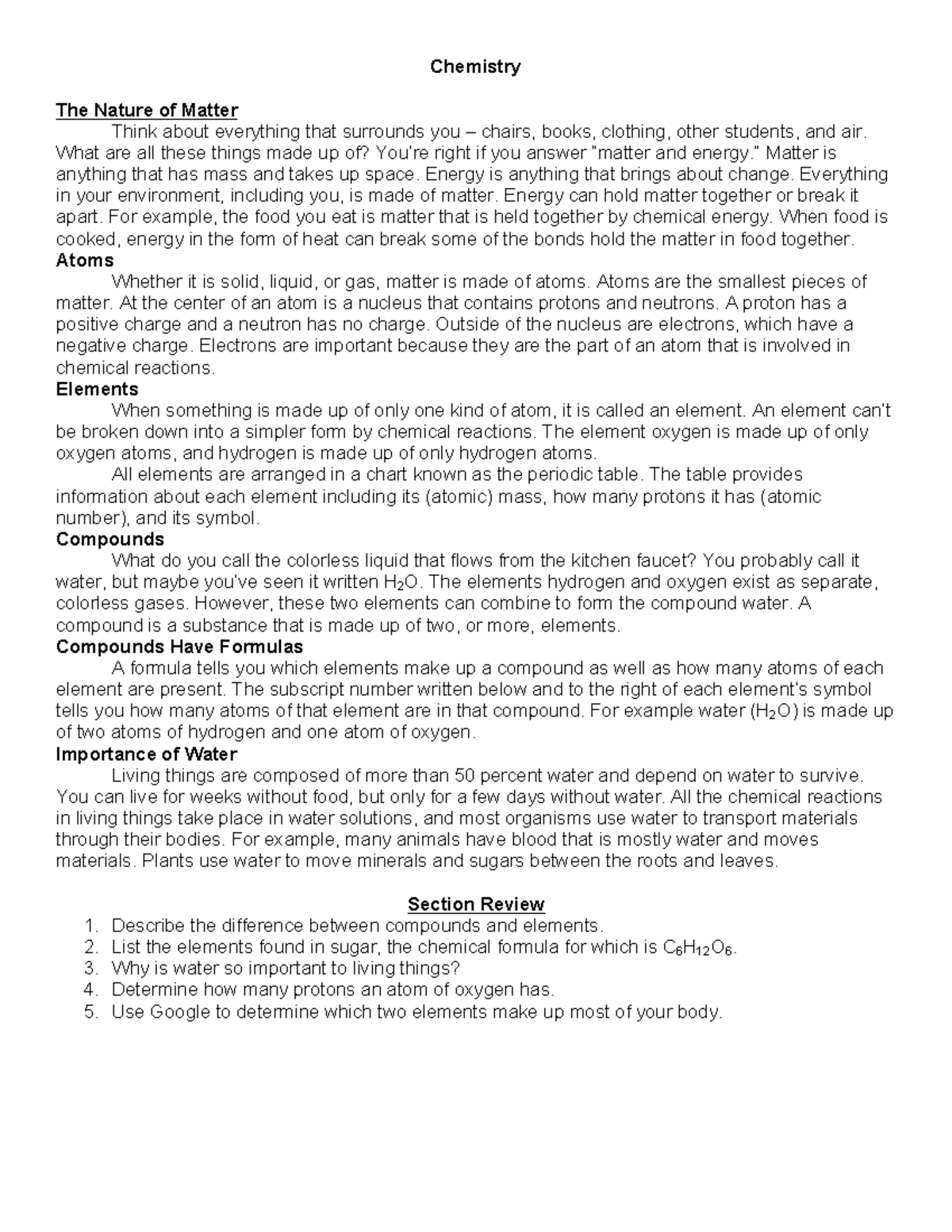 Chemistry - Notes - Chemistry The Nature of Matter Think about ...
