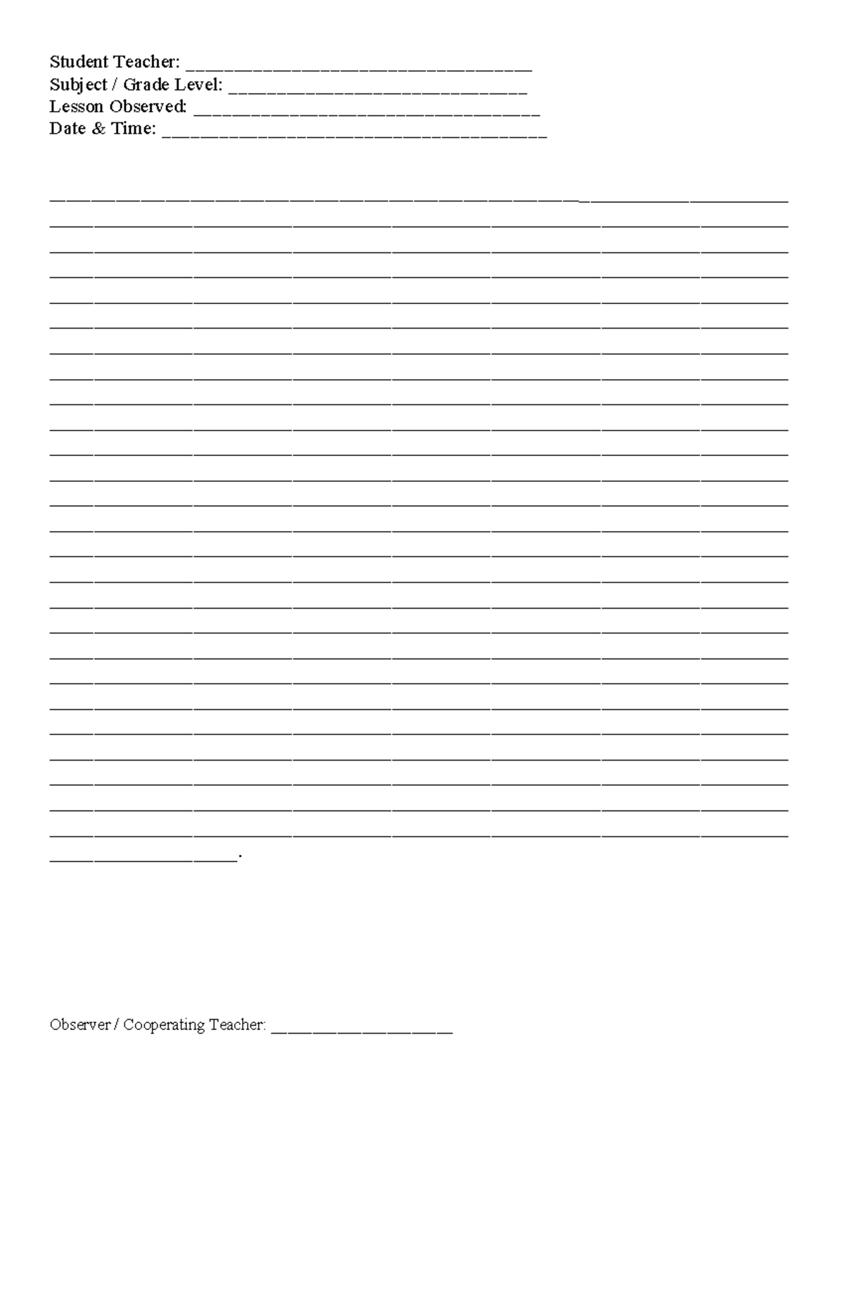 Student Teacher Observation Notes Template - Student Teacher