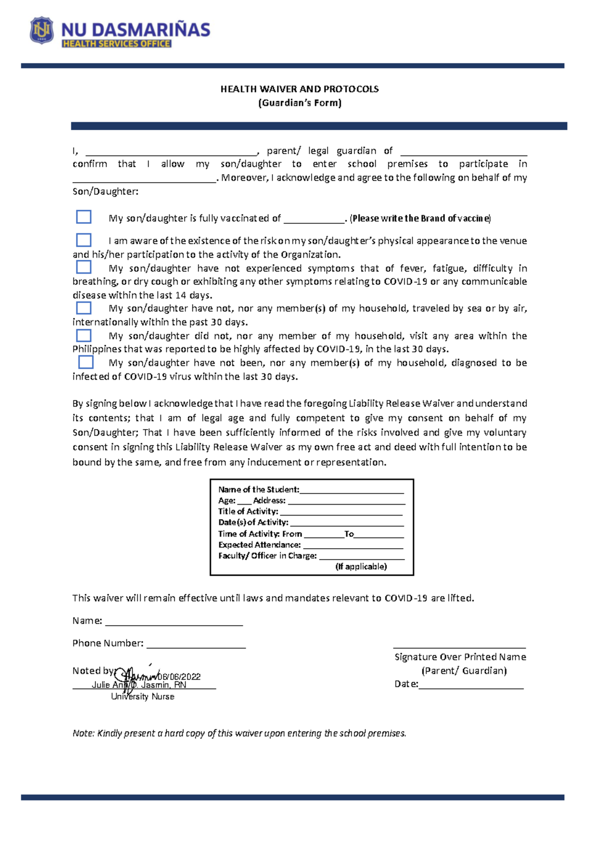 Waiver and Protocol-signed - Name of the Student ...