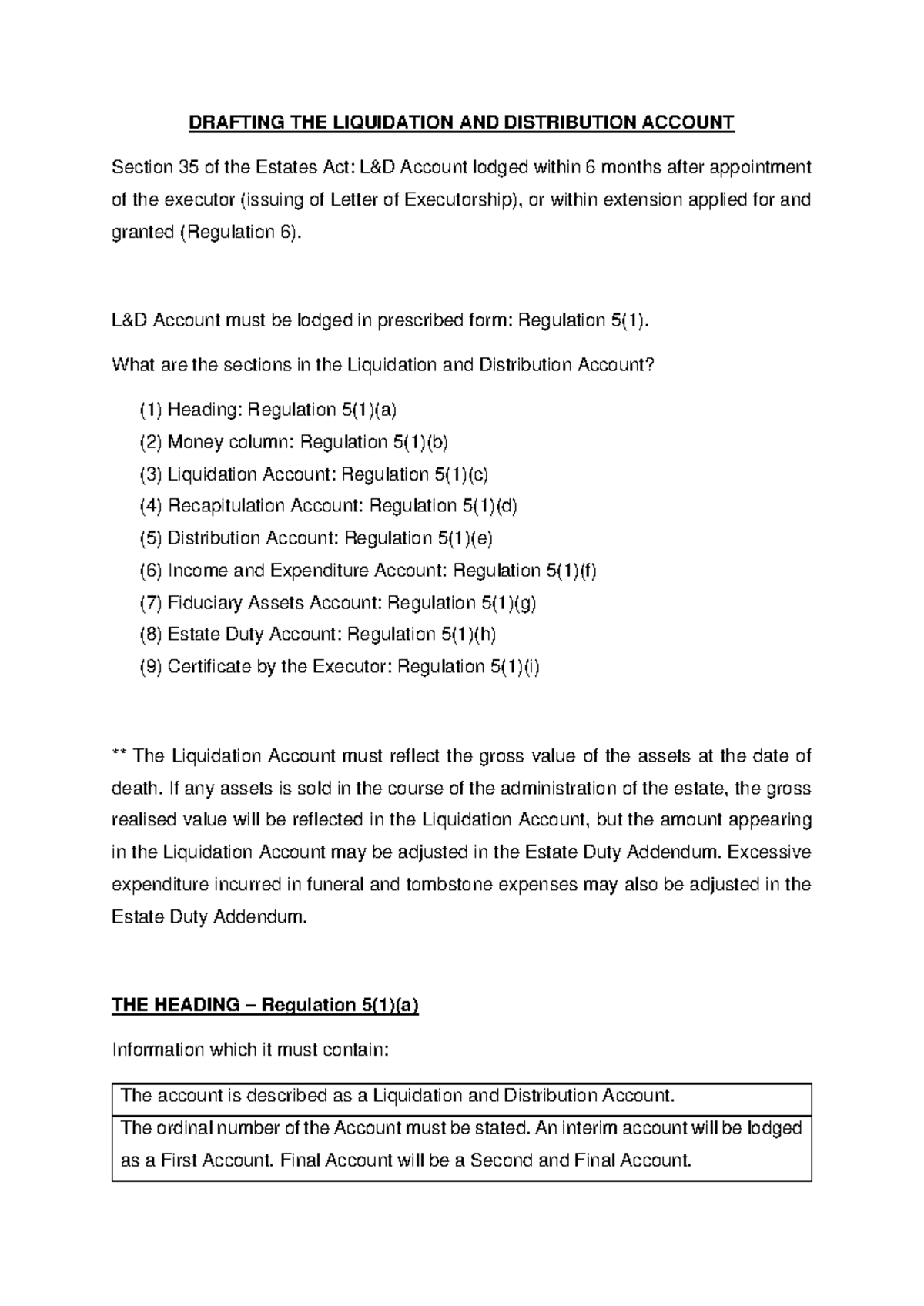 Drafting of Liquidation and Distribution Account Overview (L&D) - Studocu
