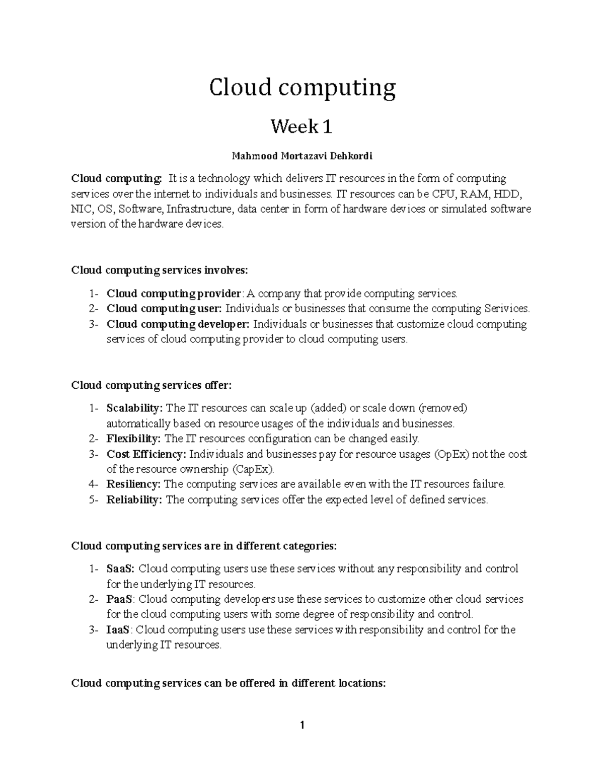 Cloud Computing - Week 1 - 1 Cloud computing Week 1 Mahmood Mortazavi ...