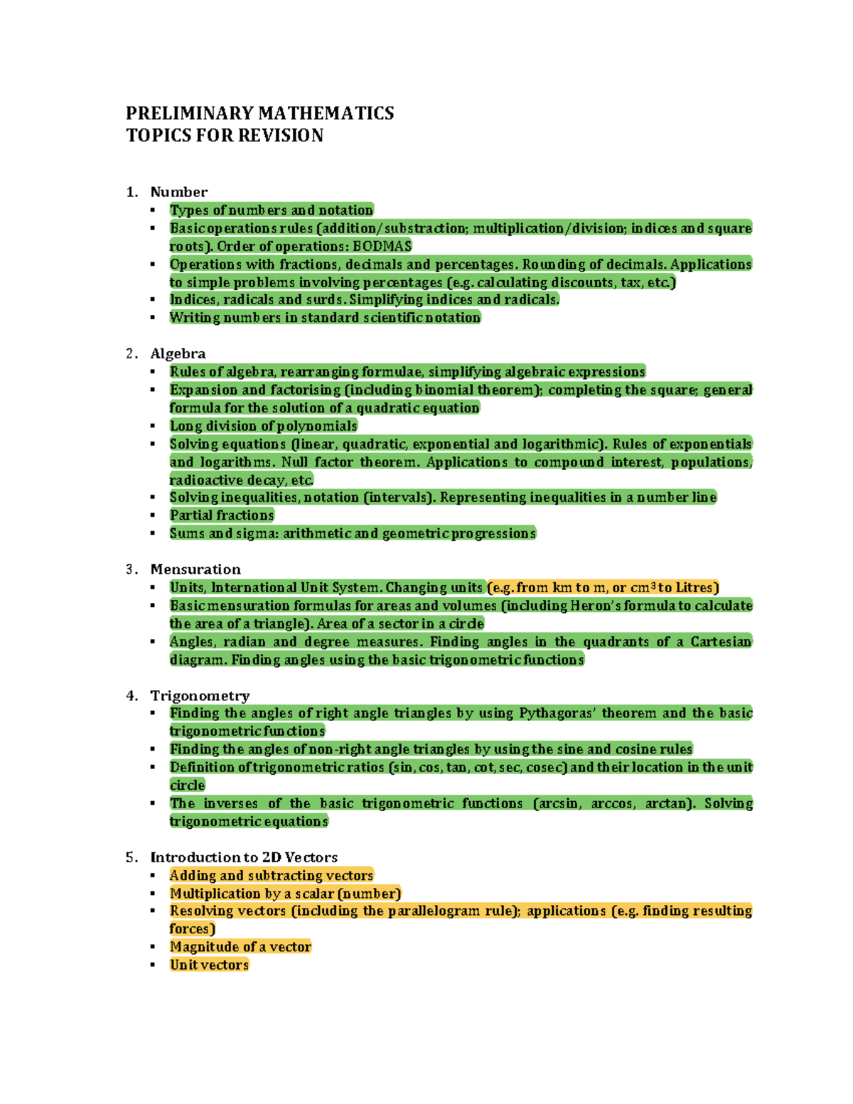 Revision Topics for Preliminary Mathematics (MATH101) - Studocu