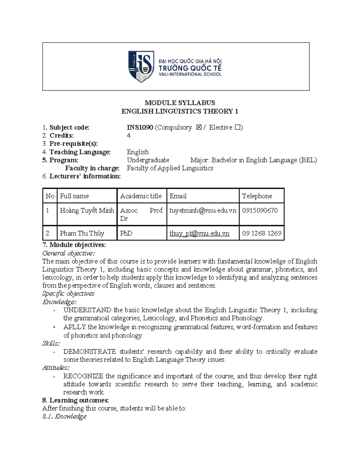 Syllabus for INS1090: English Linguistics Theory 1 (2024) - Studocu