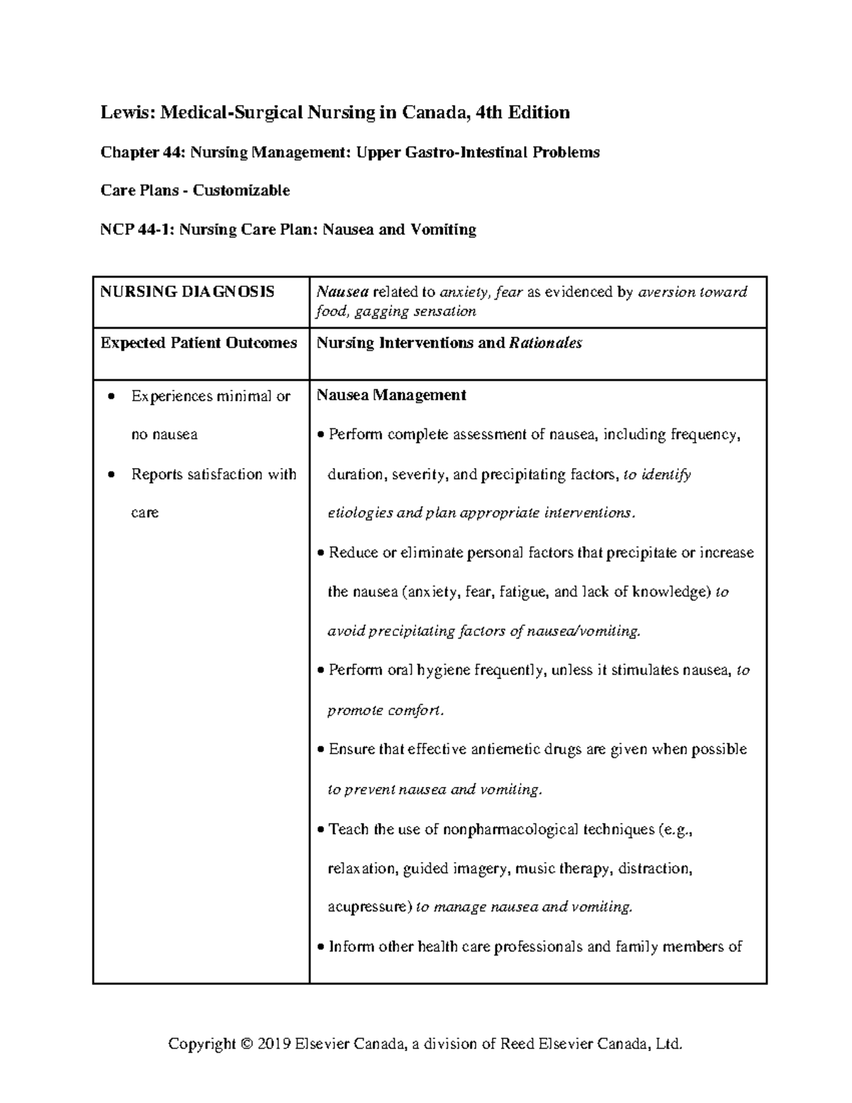 NCP 44: Nursing Care Plan for Nausea and Vomiting Management - Studocu