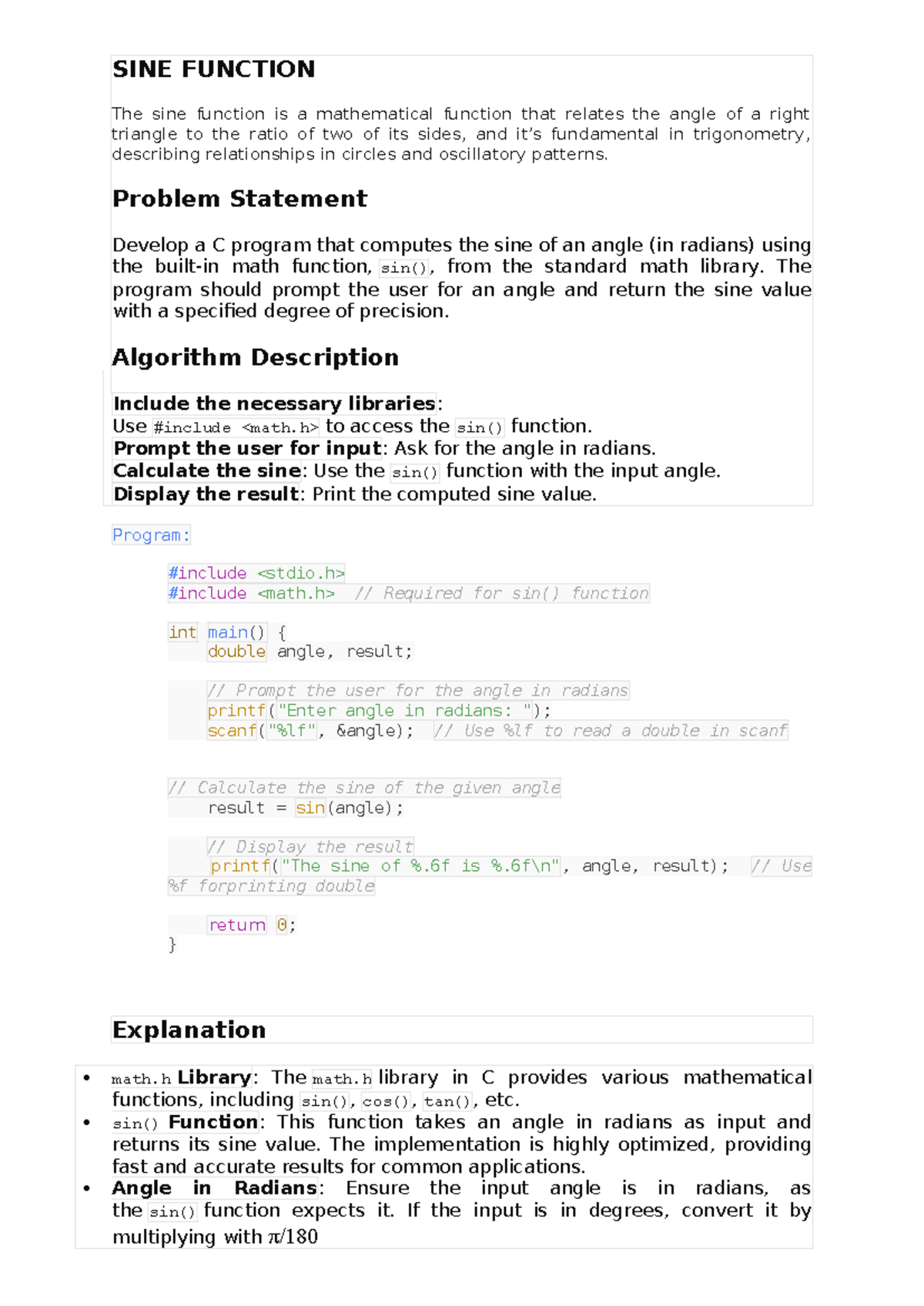 SINE FUNCTION & BASE CONVERSION: C Programming Guide - Studocu