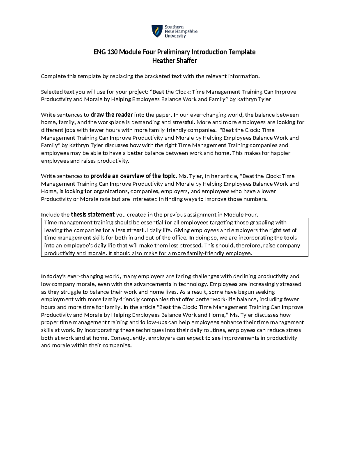 Eng 130 Module Four Preliminary Introduction Template Selected Text You Will Use For Your