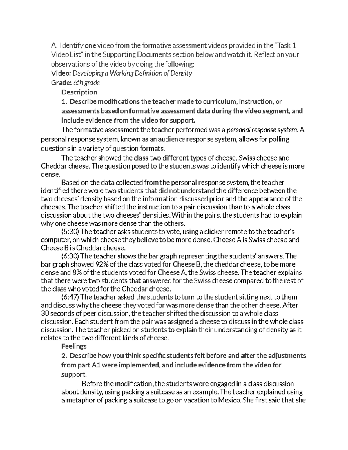 D171 Task 1 - Video Reflection on Formative Assessment and ...