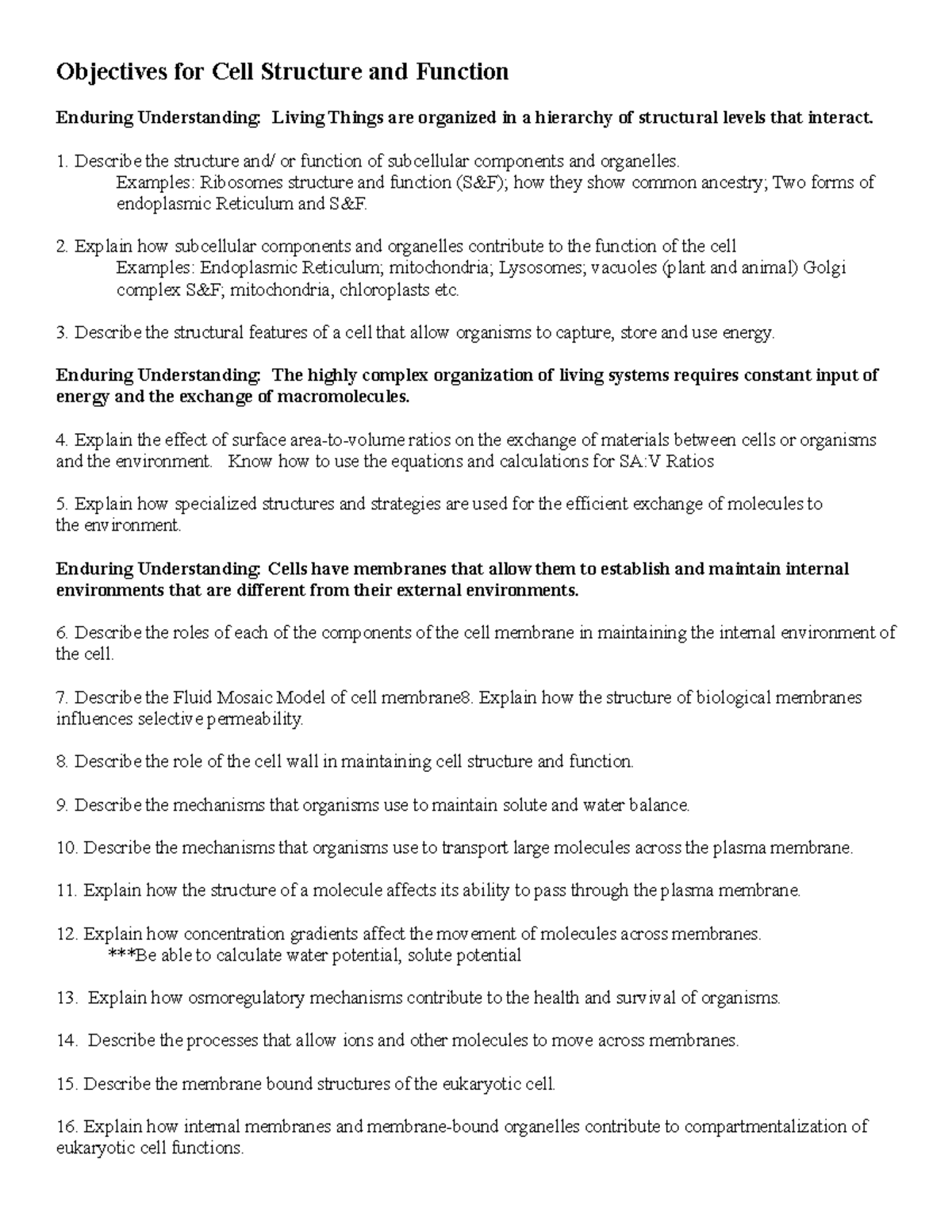 Cell Structure & Function Objectives for Biology 101 Exam Preparation ...