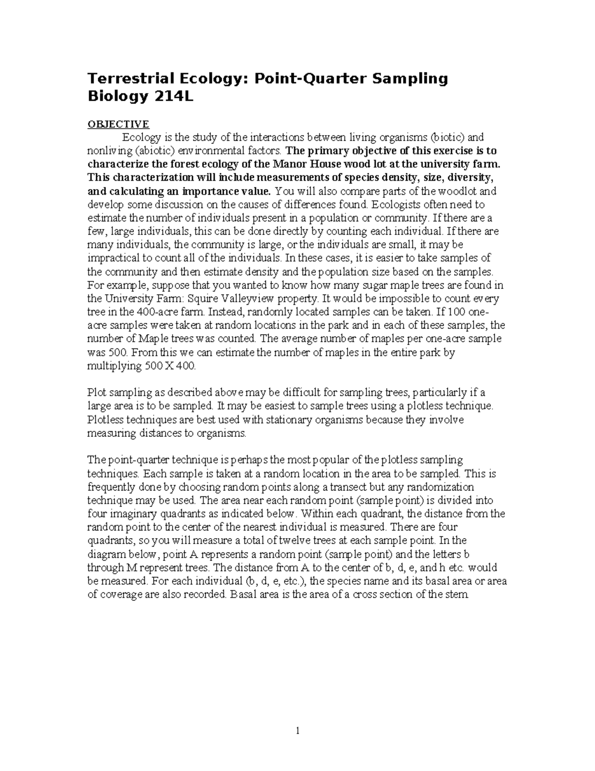 Biology 214L: Terrestrial Ecology - Point-Quarter Sampling Method - Studocu