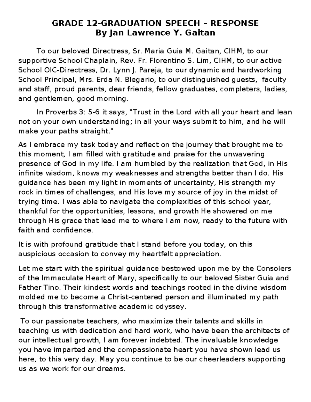 Grade 12 Graduation Speech – Reflections and Gratitude - Studocu