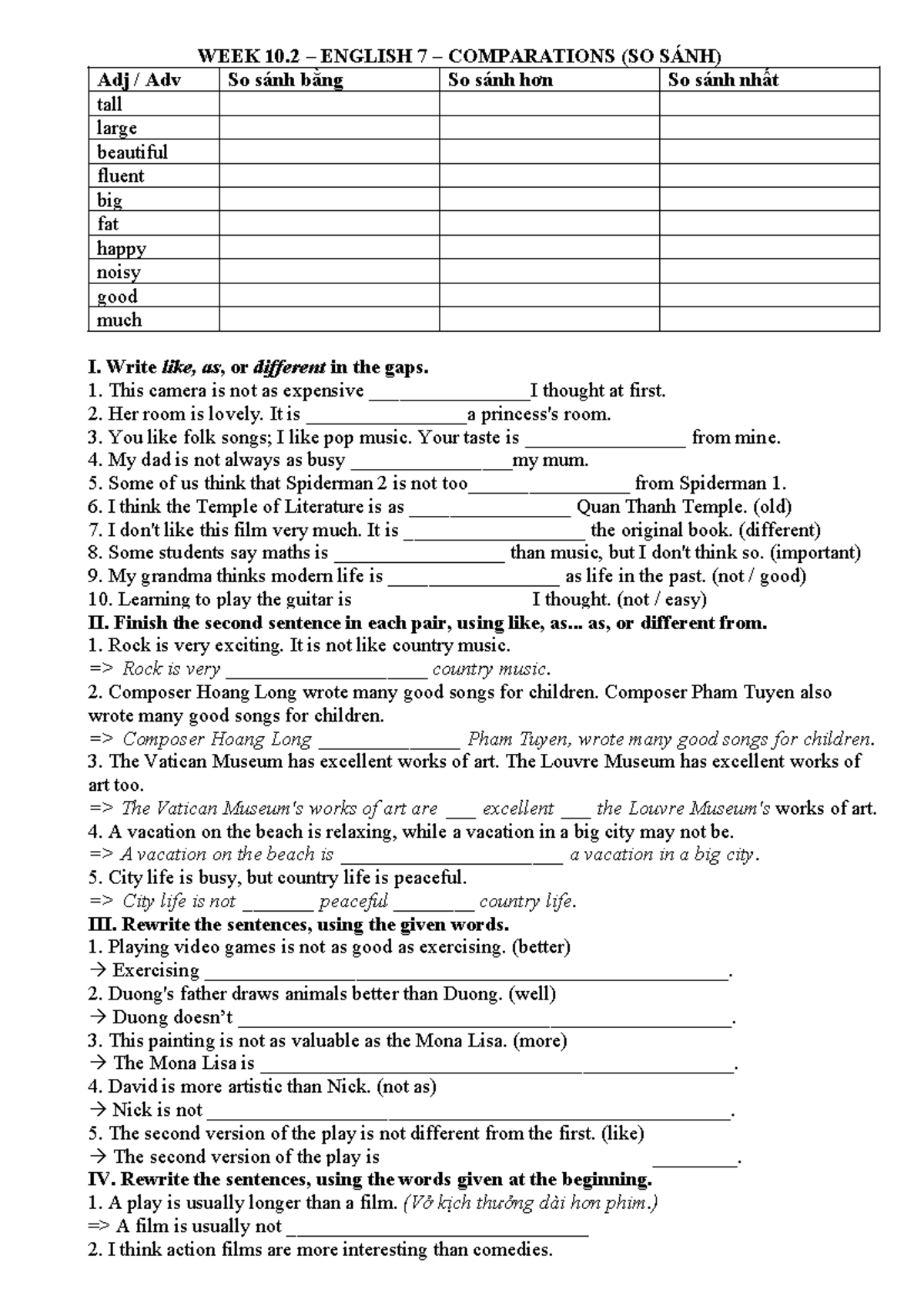 WEEK 10.2 ENGLISH 7: Comparisons (So Sánh) Exercises and Examples - Studocu