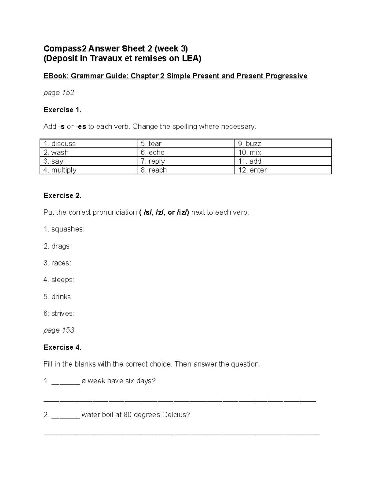 Compass 2 Answer Sheet 2 - Grammar & Writing Exercises - Studocu