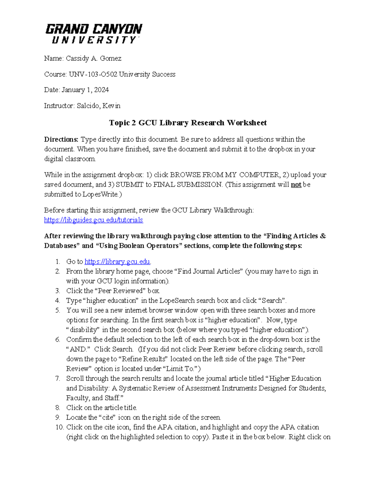 UNV 103 RS T2 Library Research Assignment Guidelines and Process - Studocu