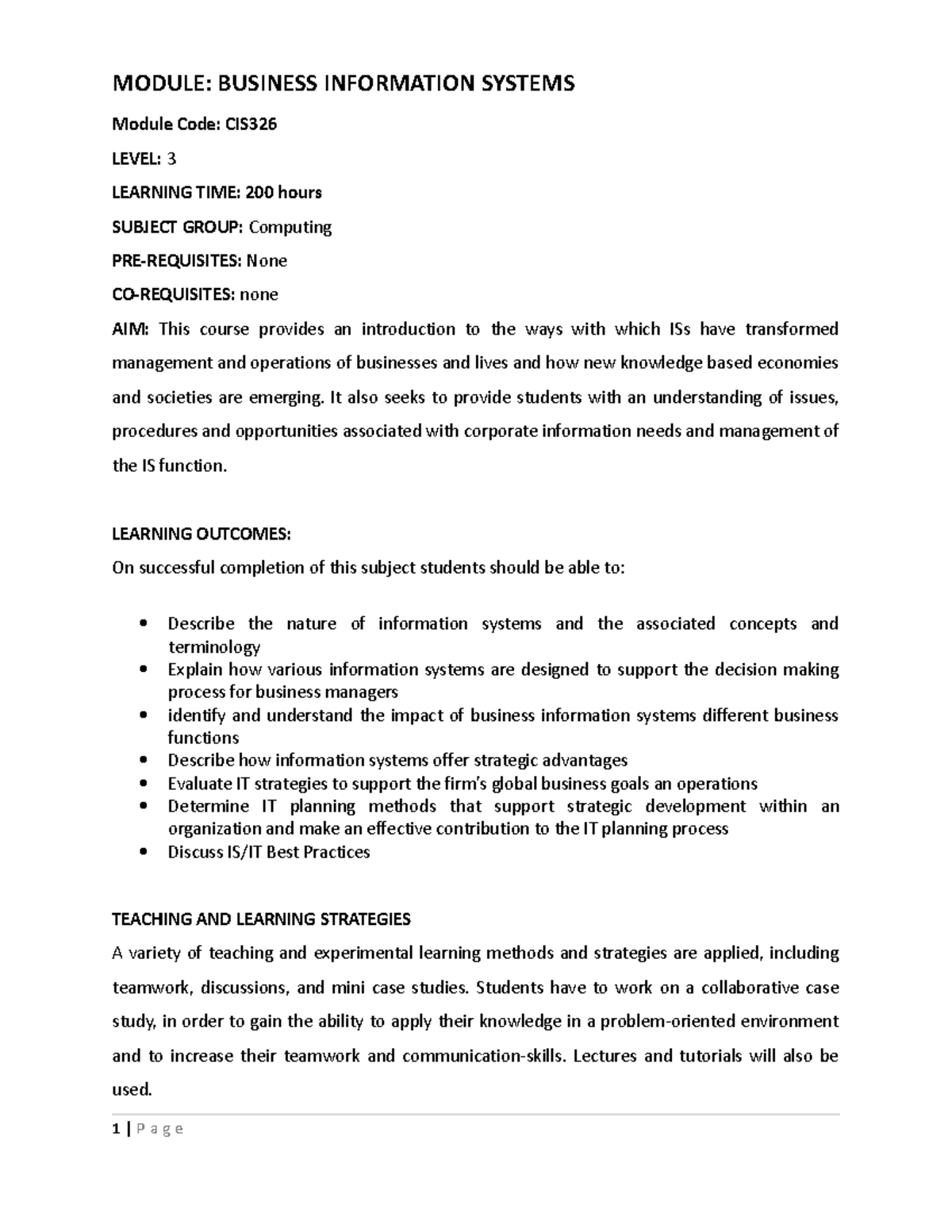 CIS326 Business Information Systems Course Outline & Learning Goals ...