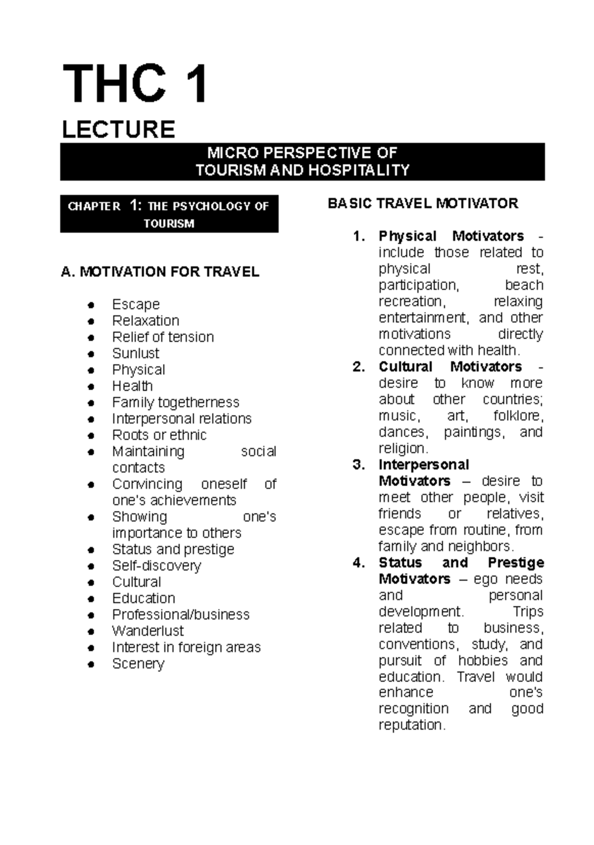 THC 1 LECTURE: PSYCHOLOGY OF TOURISM & MOTIVATIONS FOR TRAVEL - Studocu