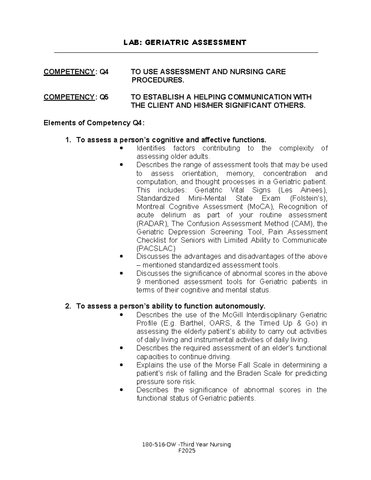 Geriatric LAB: Assessment Competencies Q4 & Q5 - Nursing F2025 - Studocu