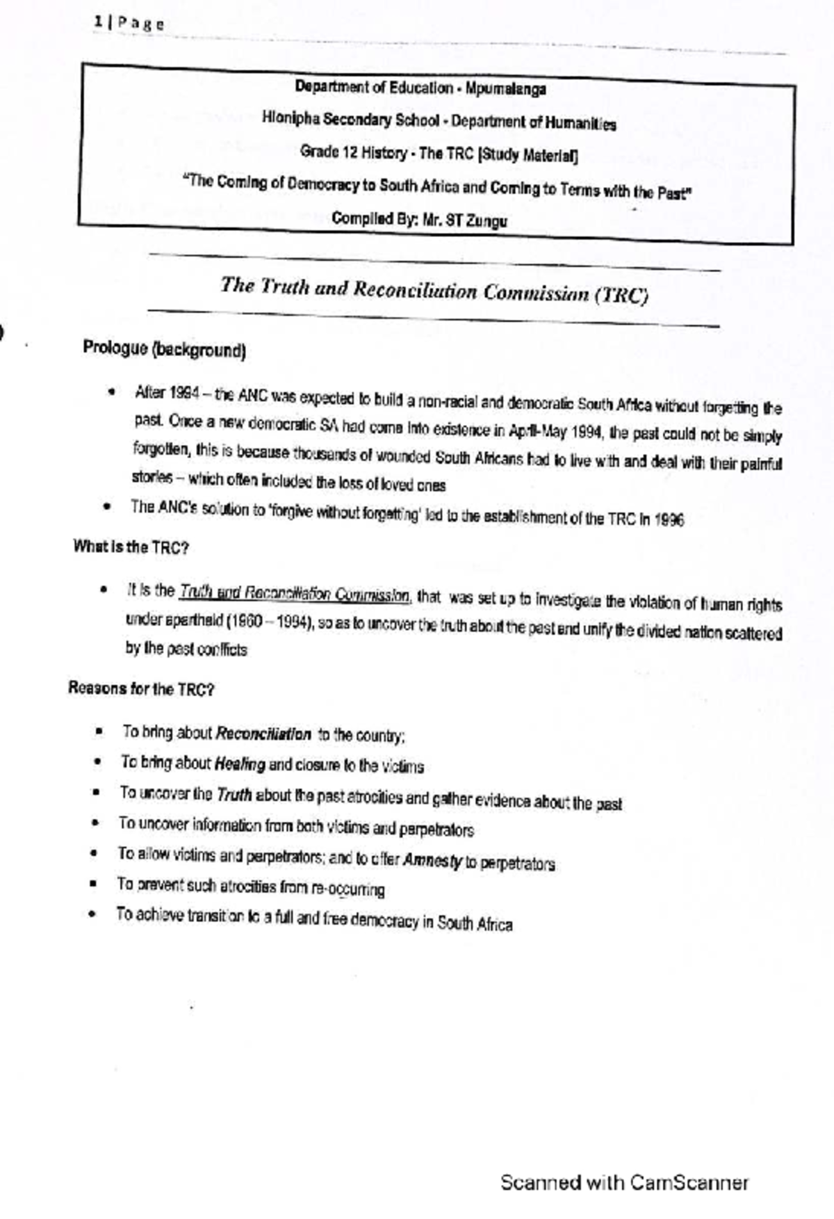 Grade 12 History: TRC Notes on South Africa's Democracy Journey - Studocu