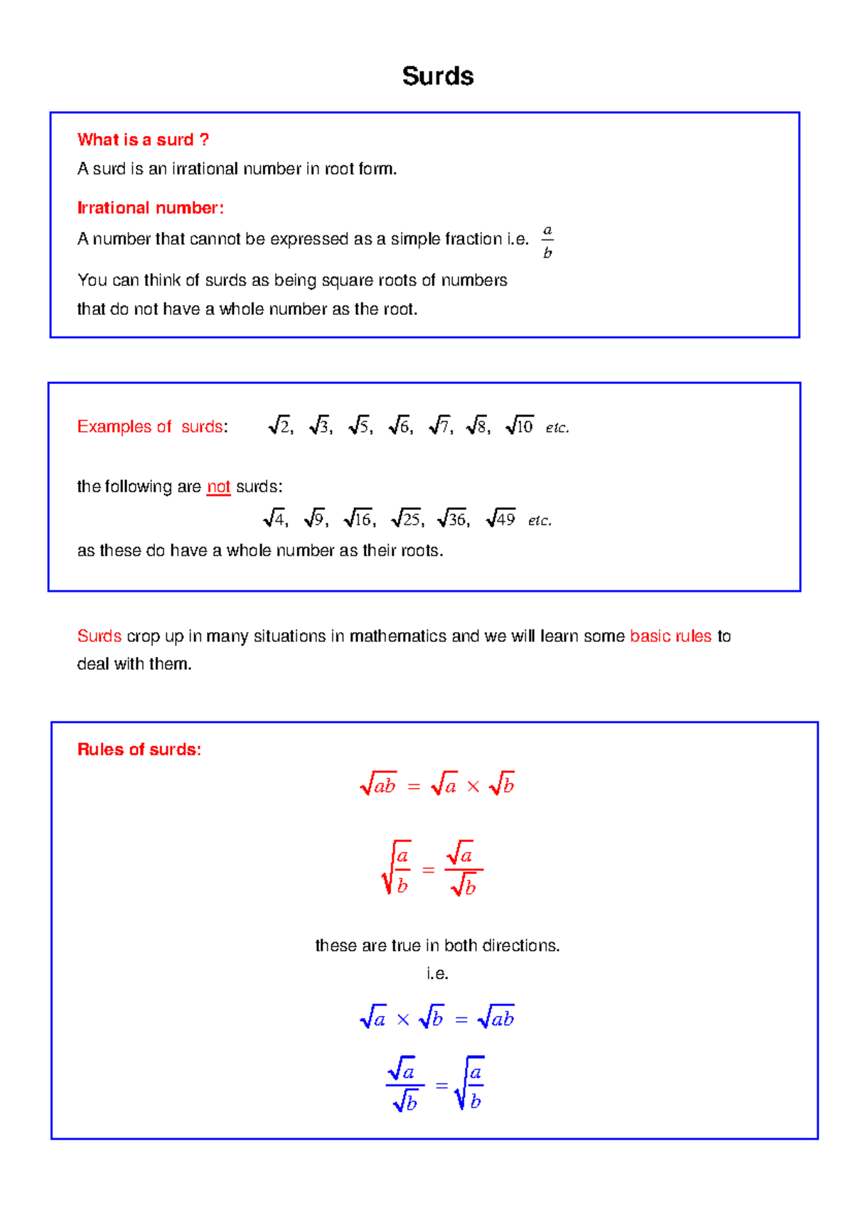 Surds Notes and Basic Rules: Understanding Irrational Numbers - Studocu