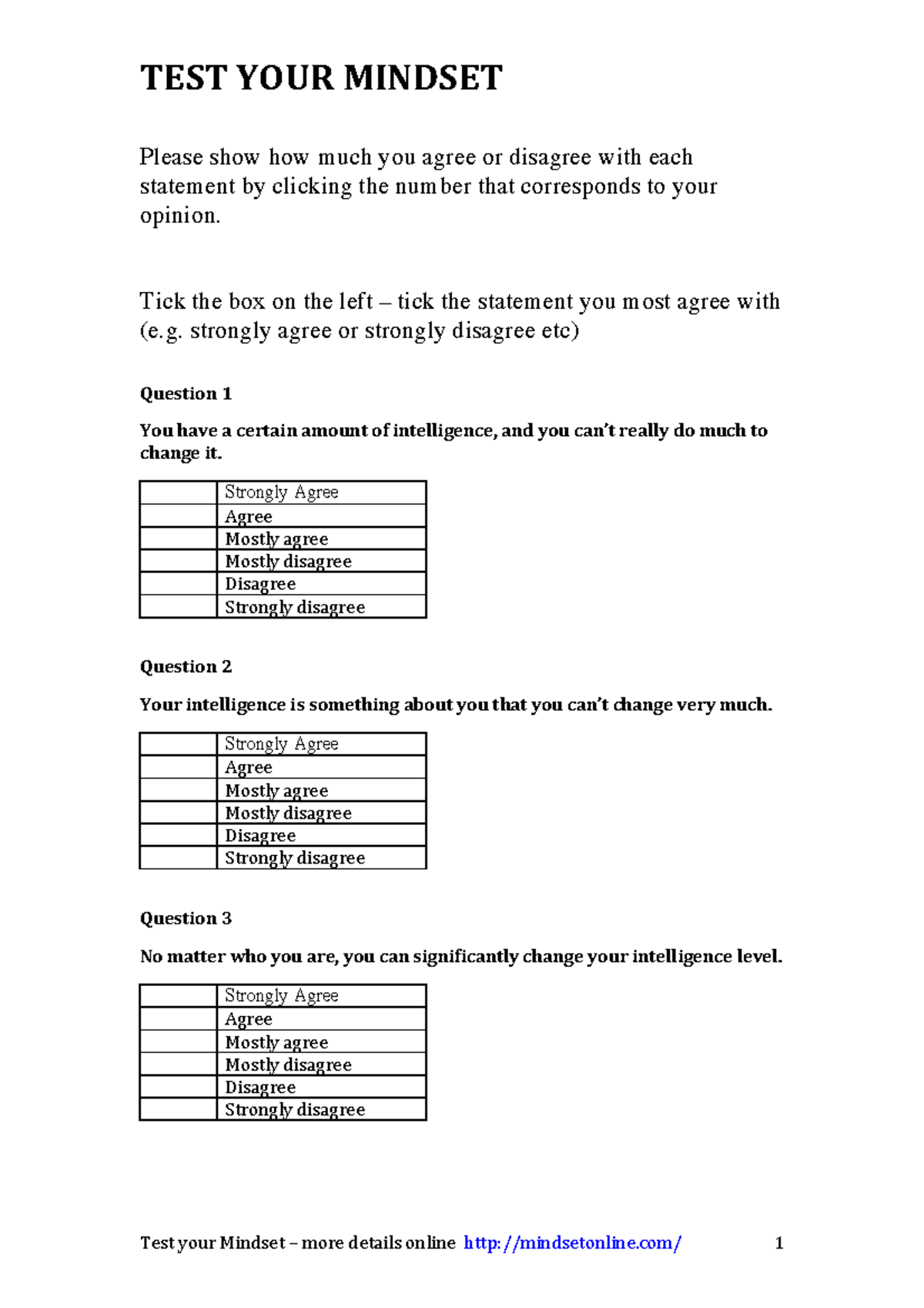 TEST YOUR Mindset questionnaire 1 - TEST YOUR MINDSET Please show how ...