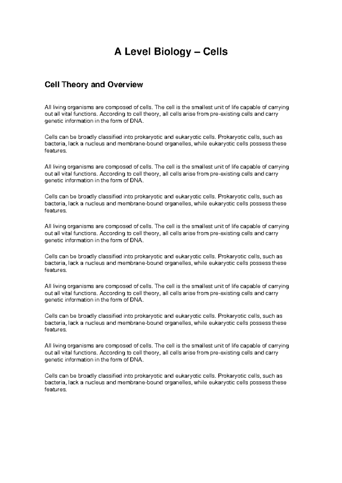 A Level Biology: Cells, Cell Theory & Organelles Overview - Studocu