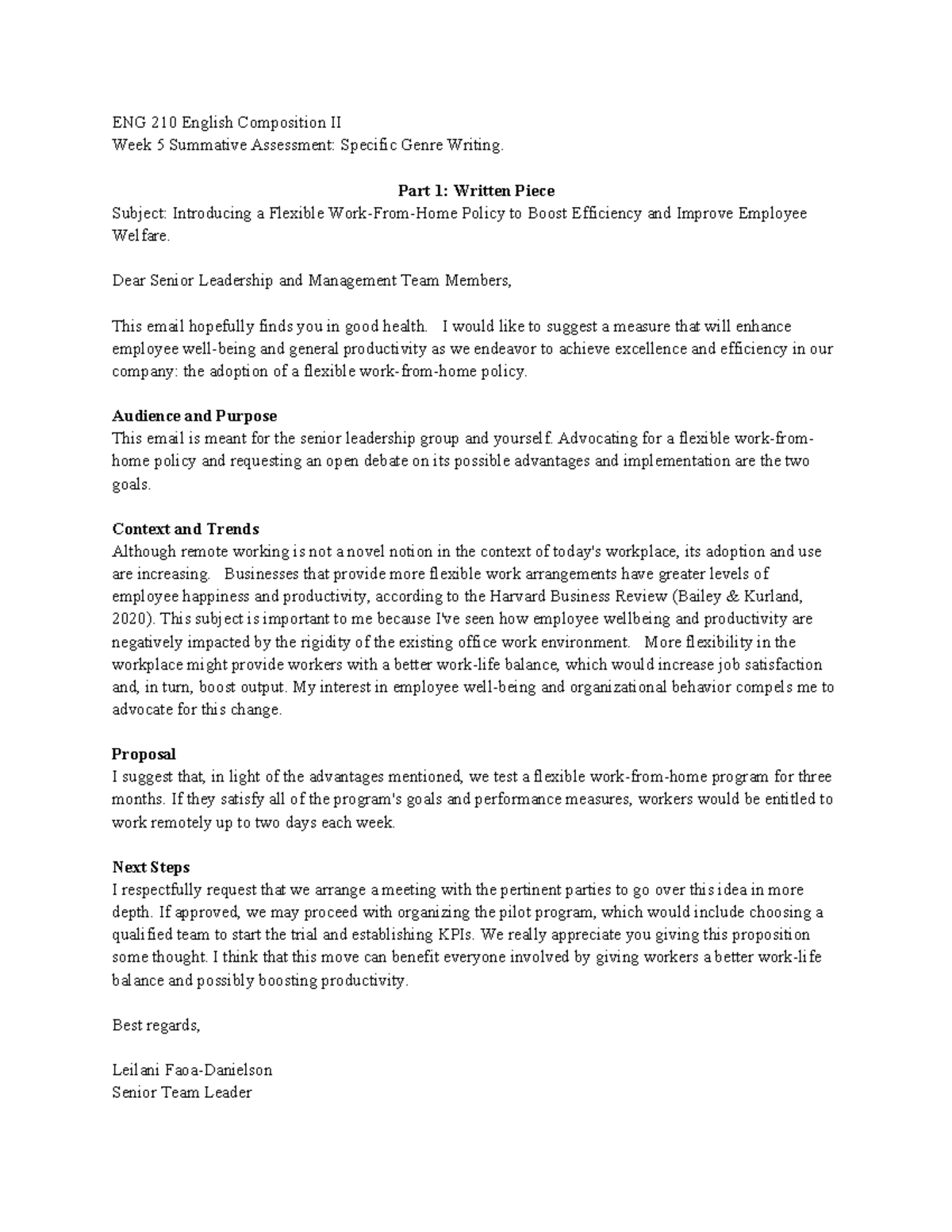 ENG 210 Week 5 Assessment: Proposal for Flexible Work-from-Home Policy ...