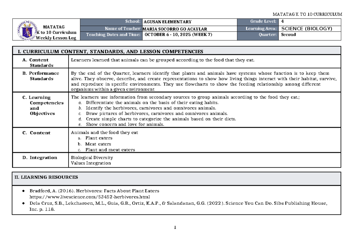 DLL Science-4-Q2-W7: Weekly Lesson Log on Animal Diets - Studocu