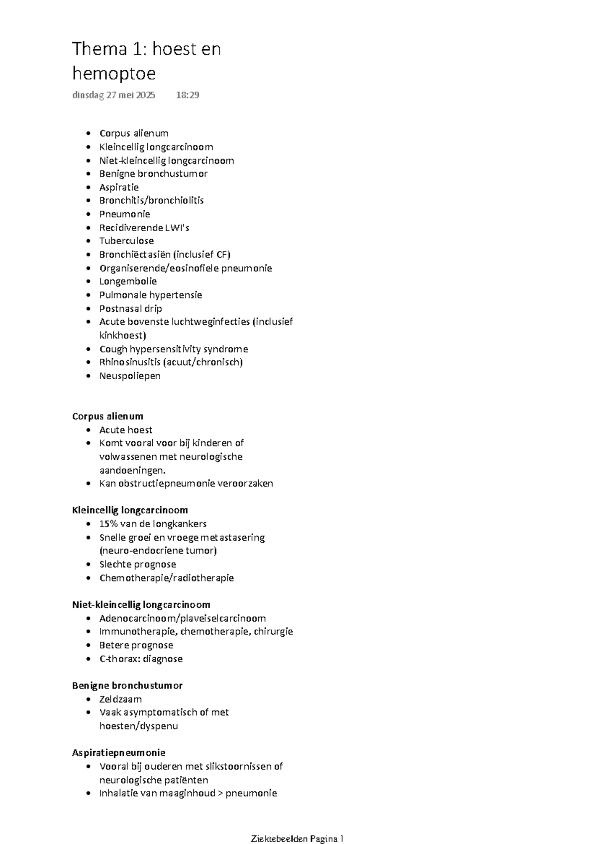 Thema 1: Hoest en Hemoptoe - Ziektebeelden en Behandelingen - Studeersnel