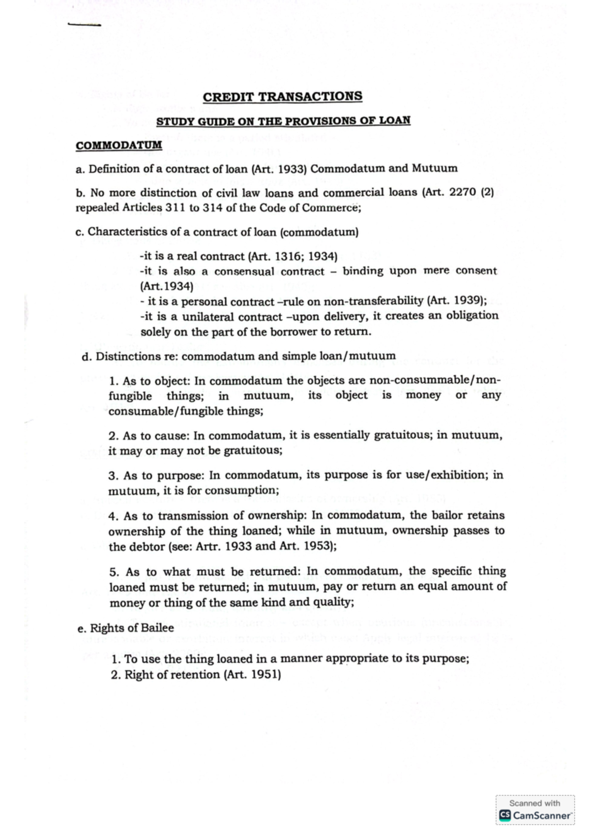 CREDIT TRANSACTIONS: STUDY GUIDE ON LOAN COMMODATUM PROVISIONS - Studocu